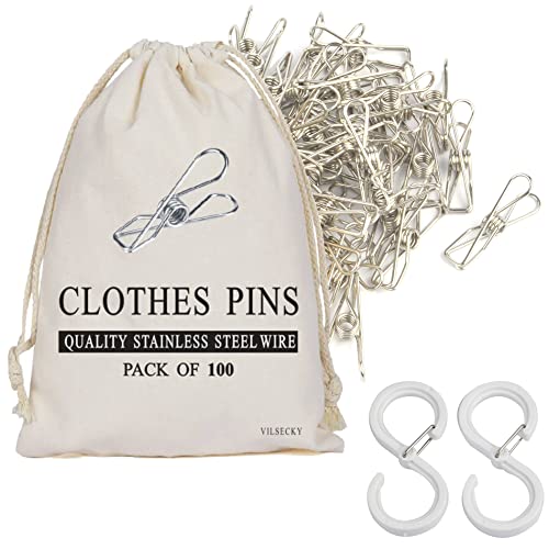 Clothespins Laundry Chip Clips - 100 Pack Bulk Durable Stainless Steel Clothes Pins,Heavy Duty Clamp Metal Wire Clothes Pegs with One Storage Bag & 2 Hooks,for Outdoor Clothesline Home Kitchen Office