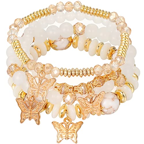 FAXHION Bohemian Bracelets for Women Girls, Gold Beaded Stackable Stretch Bracelet Set, Butterfly Elastic Colorful Charm Bracelets Boho Jewelry (B-bracelet set-4pcs)