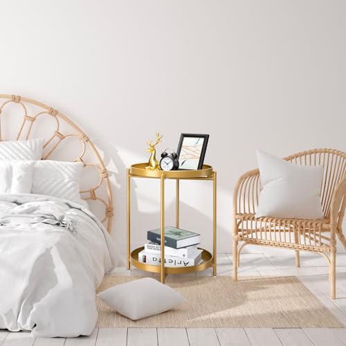 danpinera 2-Tier End Table, Outdoor Side Table Metal Round Side Table with Removable Tray, Small Folding Accent Table, Anti-Rust Nightstand for Bedroom Balcony Patio Living Room (Gold)