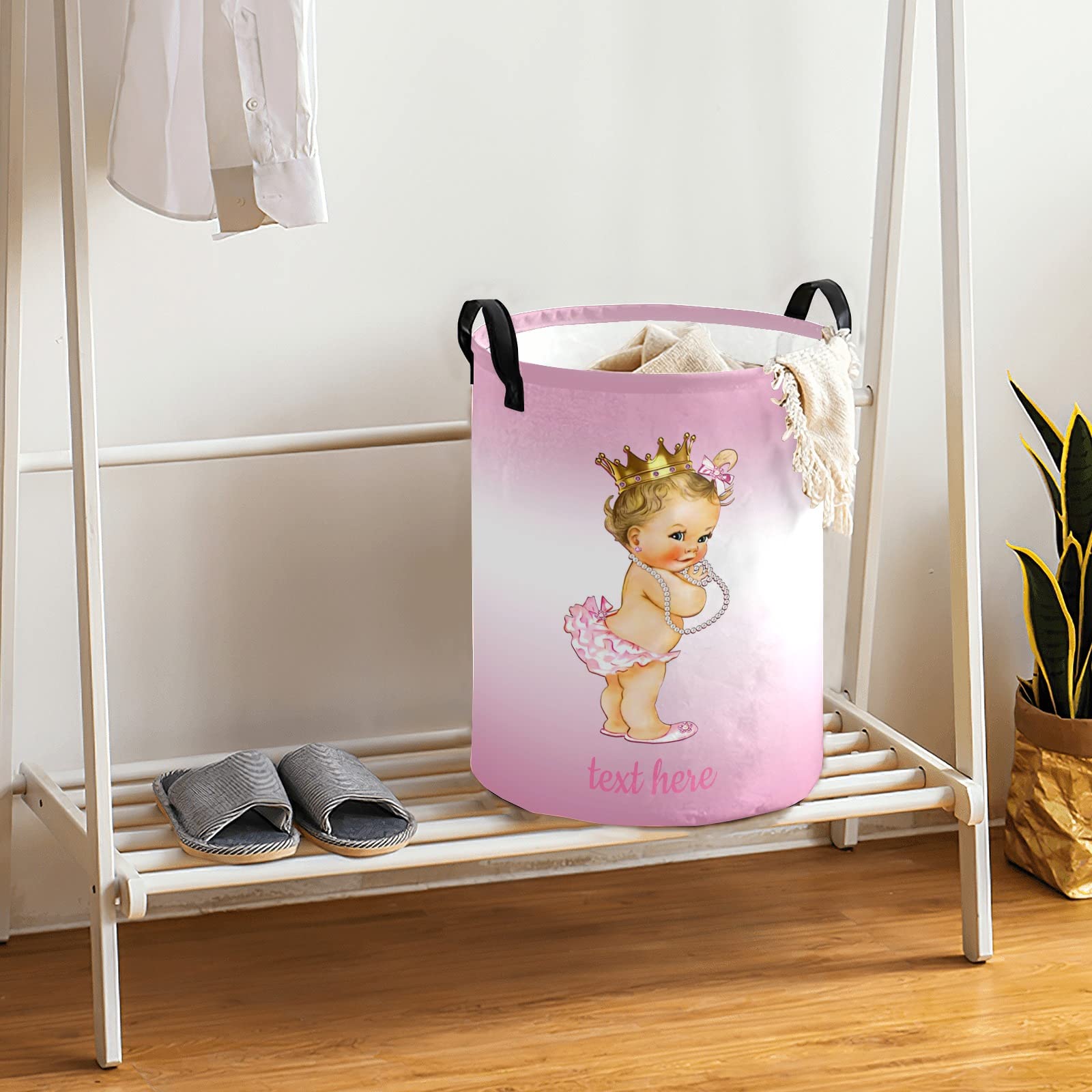 Custom Name Pink Girl Necklace Storage Bin Waterproof Nursery Storage Basket with Durable Handles Dirty Clothes Hamper for Bedroom Bathroom