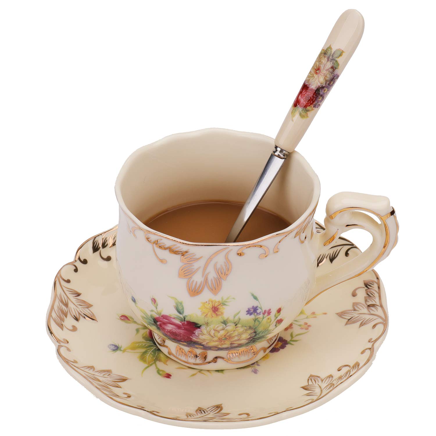 Foraineam Set of 2 Tea Cup and Saucer, 8 oz. Flowering Shrubs Ivory Ceramic Coffee Cup Fancy Floral Porcelain Tea Cup Set with Saucer and Spoon
