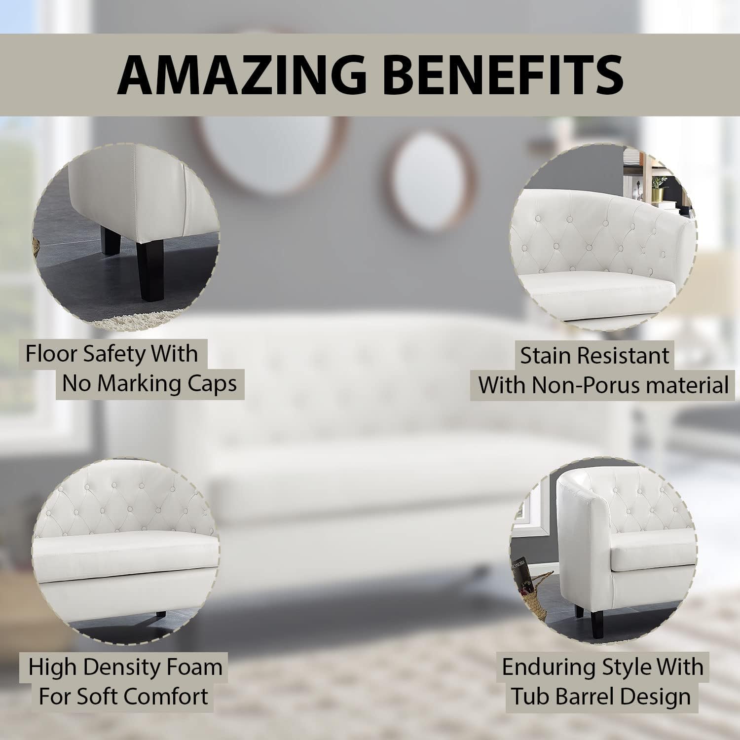 Emma Love Seat, Button Tufted Faux Leather Barrel Loveseat, Midcentury Modern 2 Seater Sofa Couch, Small Loveseat for Small Spaces, Bedrooms, Couches for Living Room, Easy Tool-Free Assembly - White