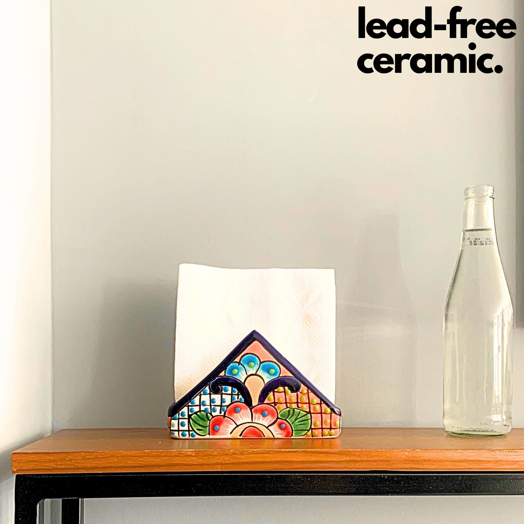 Ceramic Cocktail Napkin Holder - Authentic Mexican Pottery - for Kitchen Countertop | Dinner Table | Indoor & Outdoor Use Tissue and Letter Holder - Mexican Style Talavera Servilletero (Multicolor)