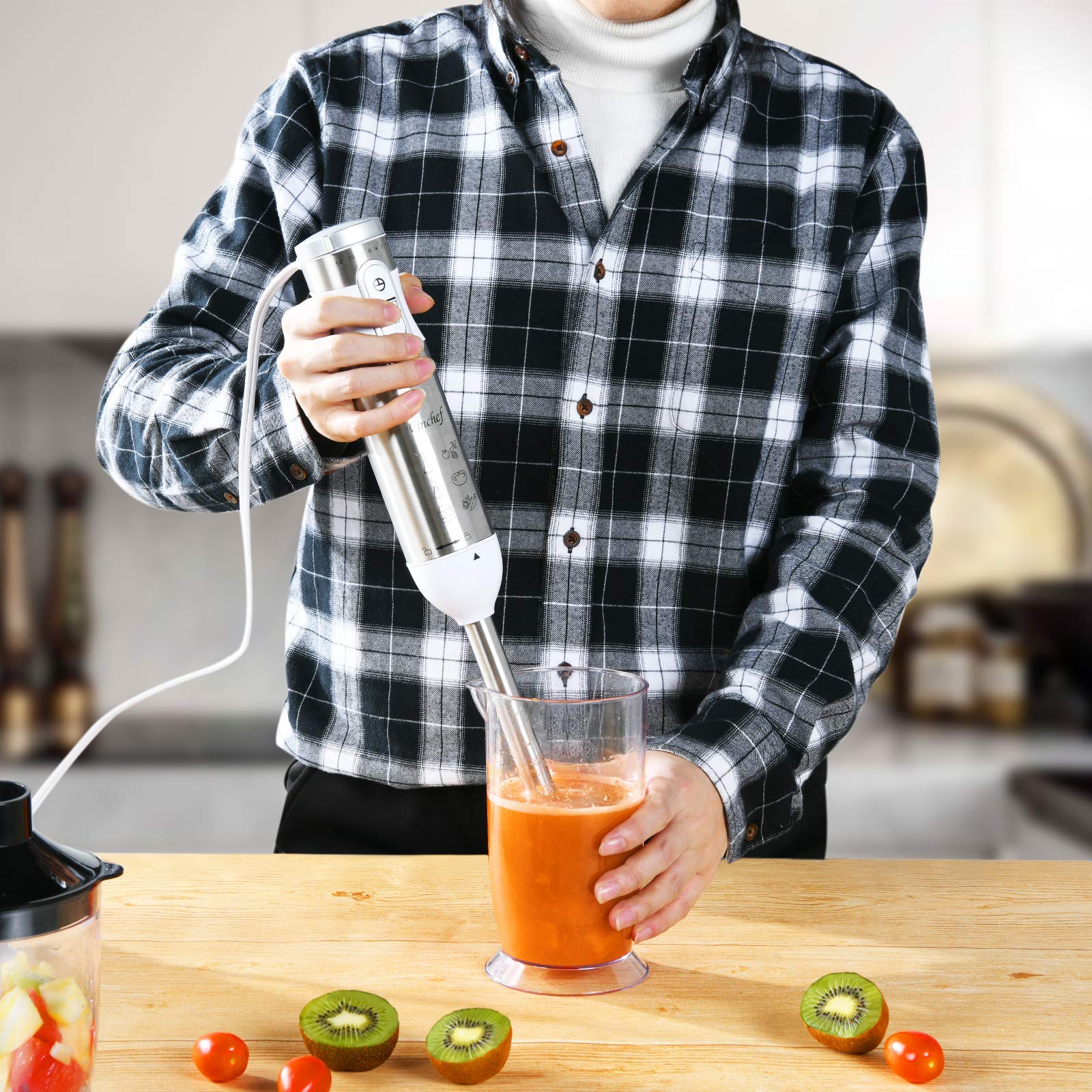 Vinchef 5 in 1 Immersion Hand Blender, 300 Watt, Multi-Speed Stainless Steel Handheld Stick Blender with 700ml Beaker, Whisk, Chopper/Grinder Bowl and Wall Rack, BPA-Free