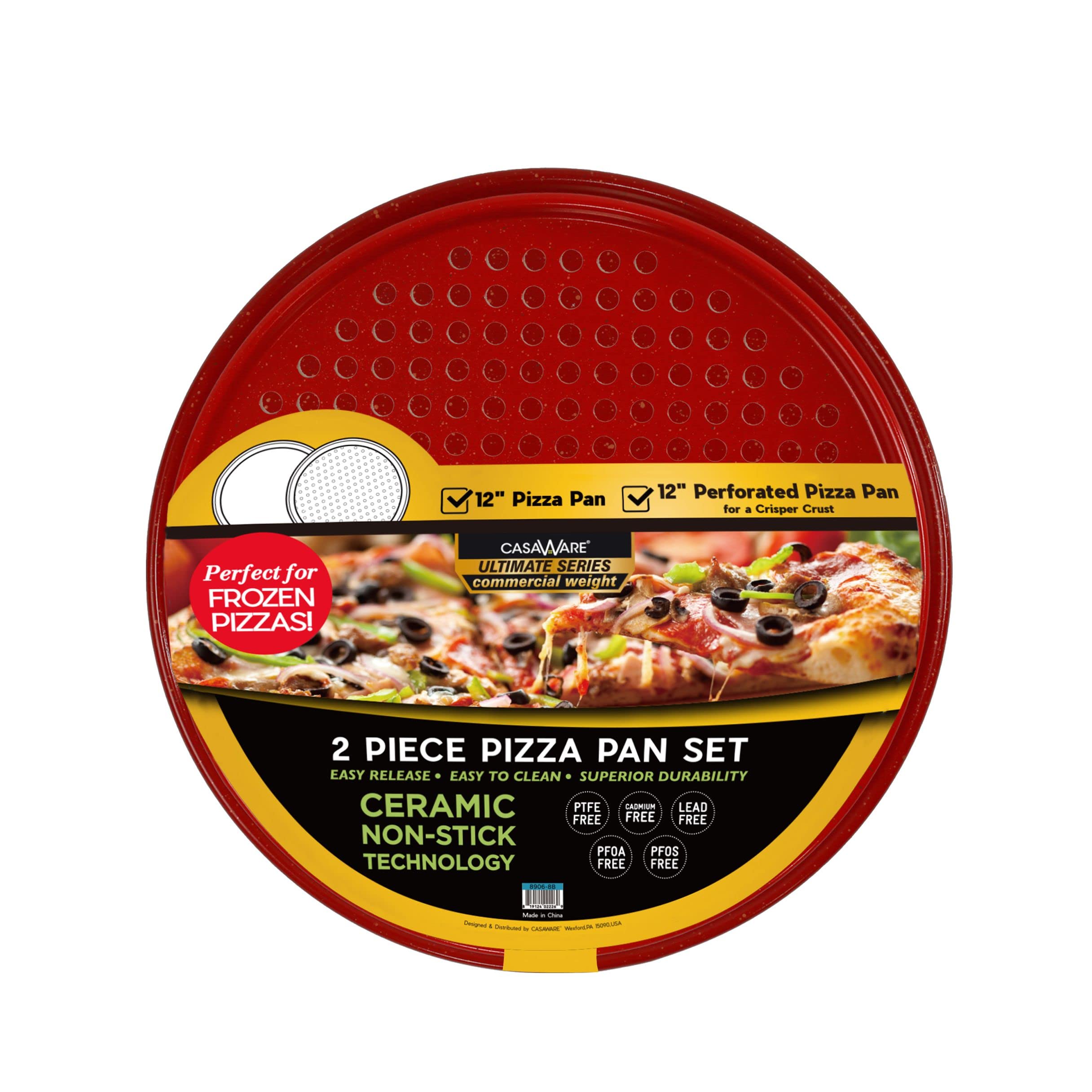 casaWare 2pc Ultimate Pizza Pan Set, (1) Ceramic Coated NonStick 12-inch Pizza Pan, (1) 12-inch Ceramic Coated NonStick Perforated Pizza Pan (Red Granite)