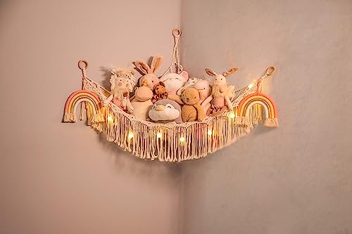 Luna Village Stuffed Animal Hammock, Stuffed Animal Organizer, Plush Toys Net Holder with 2 Macrame rainbows Macrame Toy Hammock, Stuffed Animal Net or Hammock, Stuffed animal net