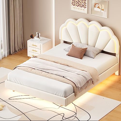 DNYN Upholstered Full Size Platform Bed for Kids, Adults Bedroom,Velvet Fabric Bedframe with Elegant Flower Headboard & LED Design & Wood Slat Support,No Box Spring Needed, Beige