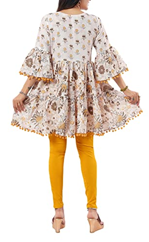 IshDeena Indian Anarkali Kurtis for Women - Kurta, Boho, Tunic Tops - Frock and Peplum Style Rayon Printed M to Plus Size (Cream - b23id5/Medium)
