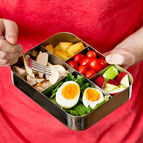 LunchBots Large Cinco Stainless Steel Lunch Container - Five Section Design Holds a Variety of Foods - Metal Bento Box - Dishwasher Safe - Stainless Lid - Stainless Steel