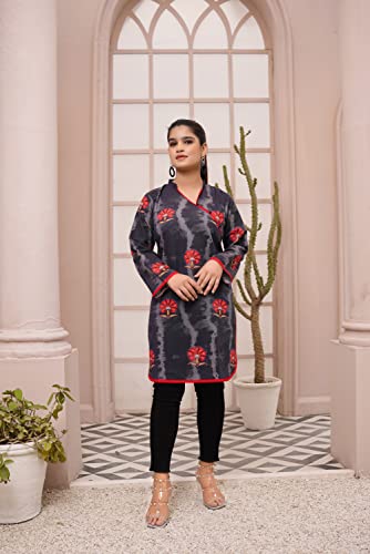 IshDeena Indian Pakistani Short Kurti Tunic Tops - Printed Khaddar Fabric for Women - Office & Casual Wear, Designer, M-3XL (Medium/Black)