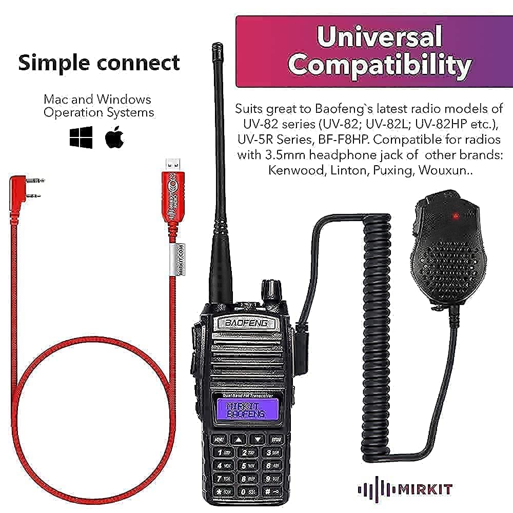 Bundle of 2PCS Mirkit Radio Baofeng UV-82 MK5 8W Max Power & 2PCS Original Baofeng UV-82 2 Dual PTT Speaker Mic & Baofeng Programming Cable Mirkit FTDI Model 3 Red