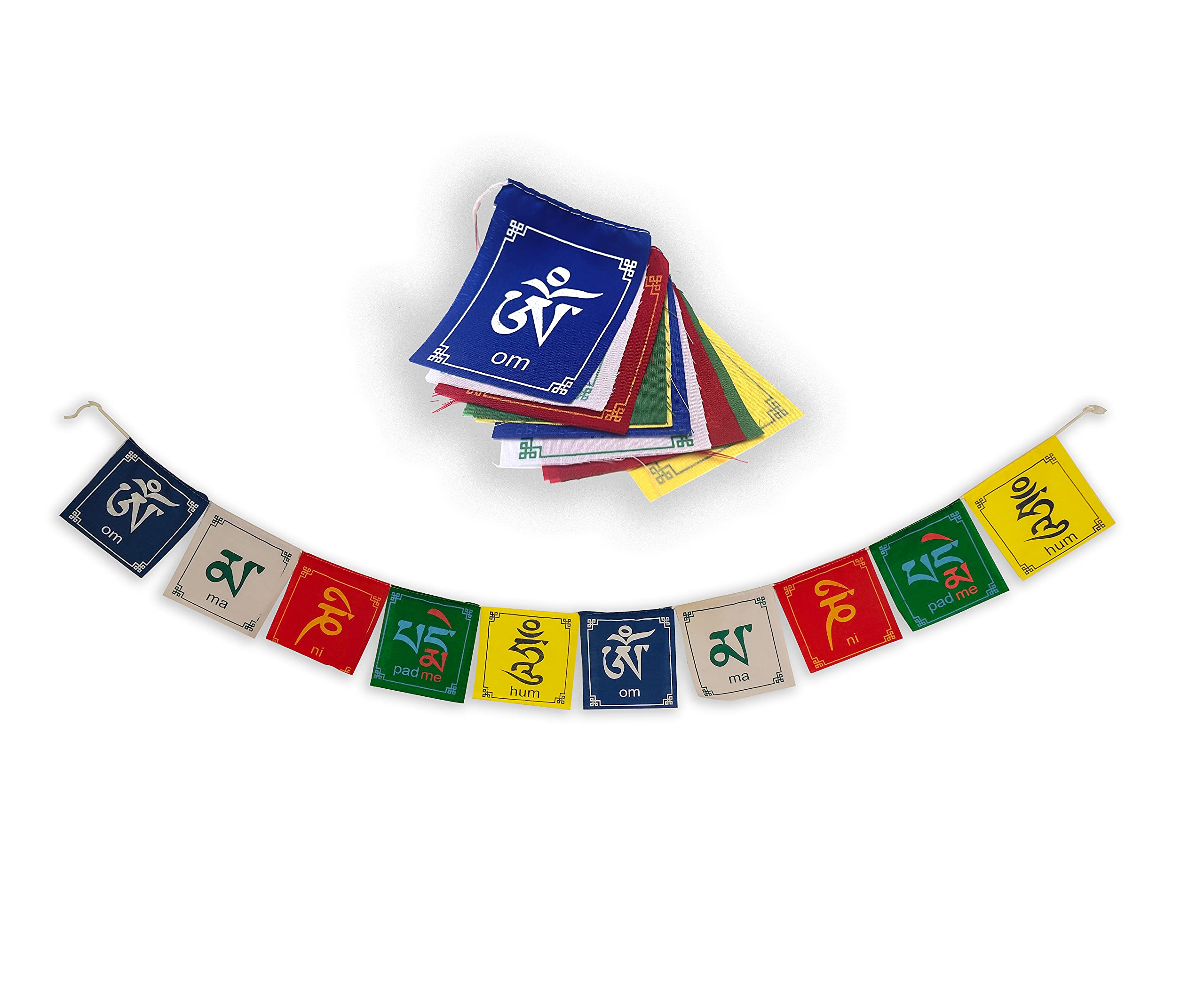Buddha of Compassion Tibetan Prayer Flags Om Mani Padme Hum Set of 10 Five Tibetan Traditional Colors which are Yellow, Green, red, White and Blue. Each Color Represents an Element.