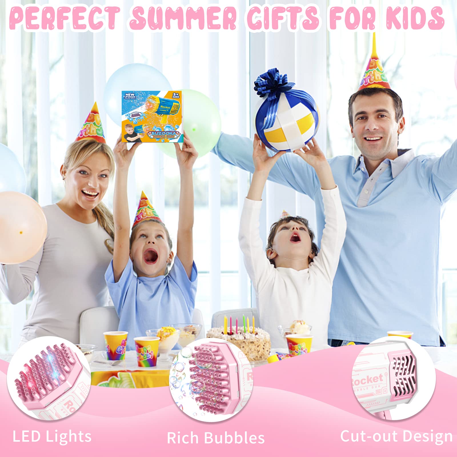 Bubble Gun with Light/2 Bottles Bubble Solution (30 Packs Extra Bubble Solution), 69 Holes Bubble Machine Gun for Kids Adults, Bubble Maker, Summer Toy Gift for Outdoor Indoor Birthday Wedding Party