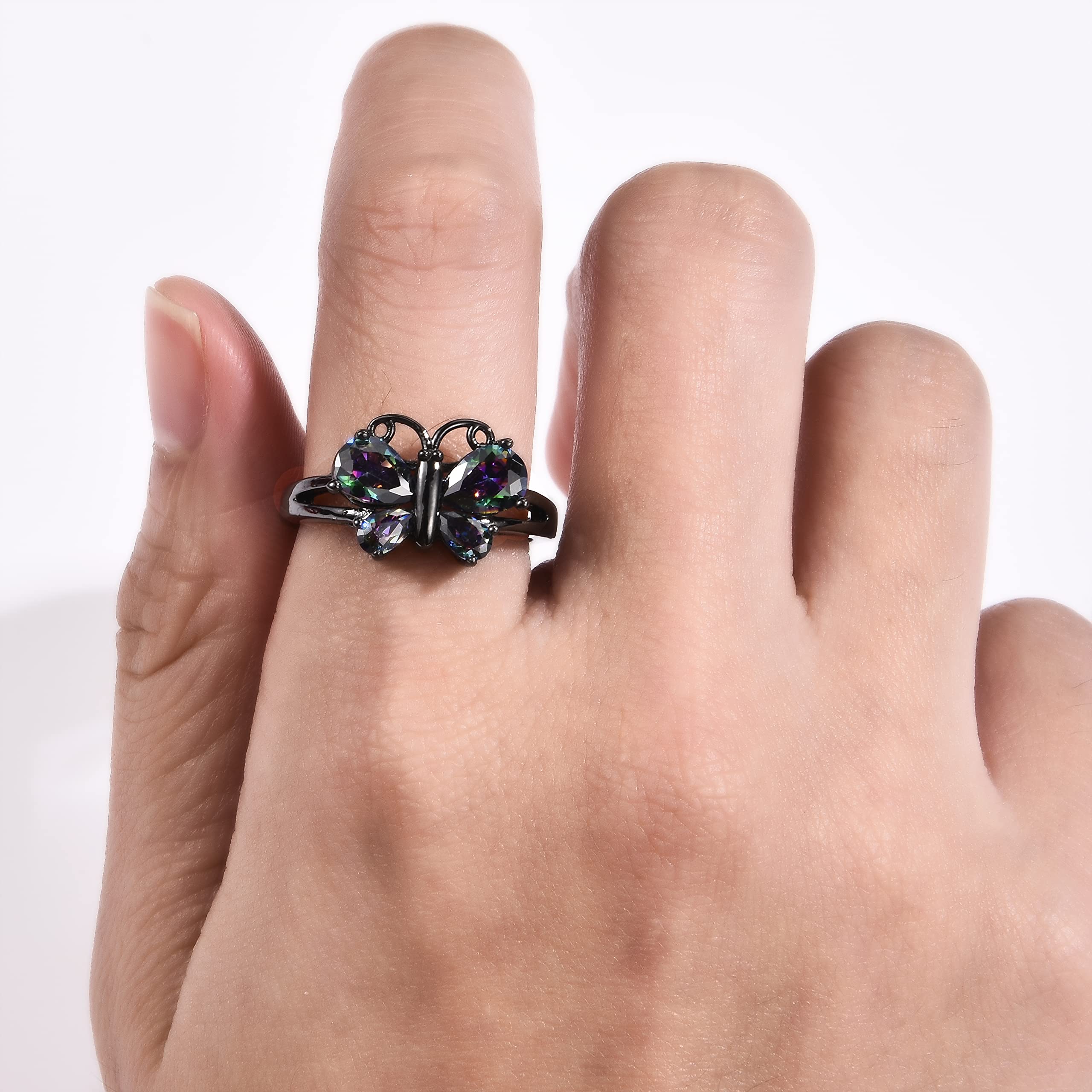 Black Gold Ring for Women Witch Ring Butterfly Ring with Rainbow Diamond Gothic Engagement Wedding Ring (6)