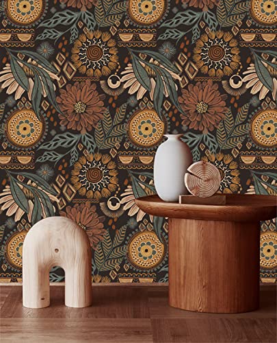 HAOKHOME 93291 Wallpaper Peel and Stick Floral Boho Brown/PeachPuff/Green Retro Wall Decor Bathroom Removable Mural 17.7in x 9.8ft