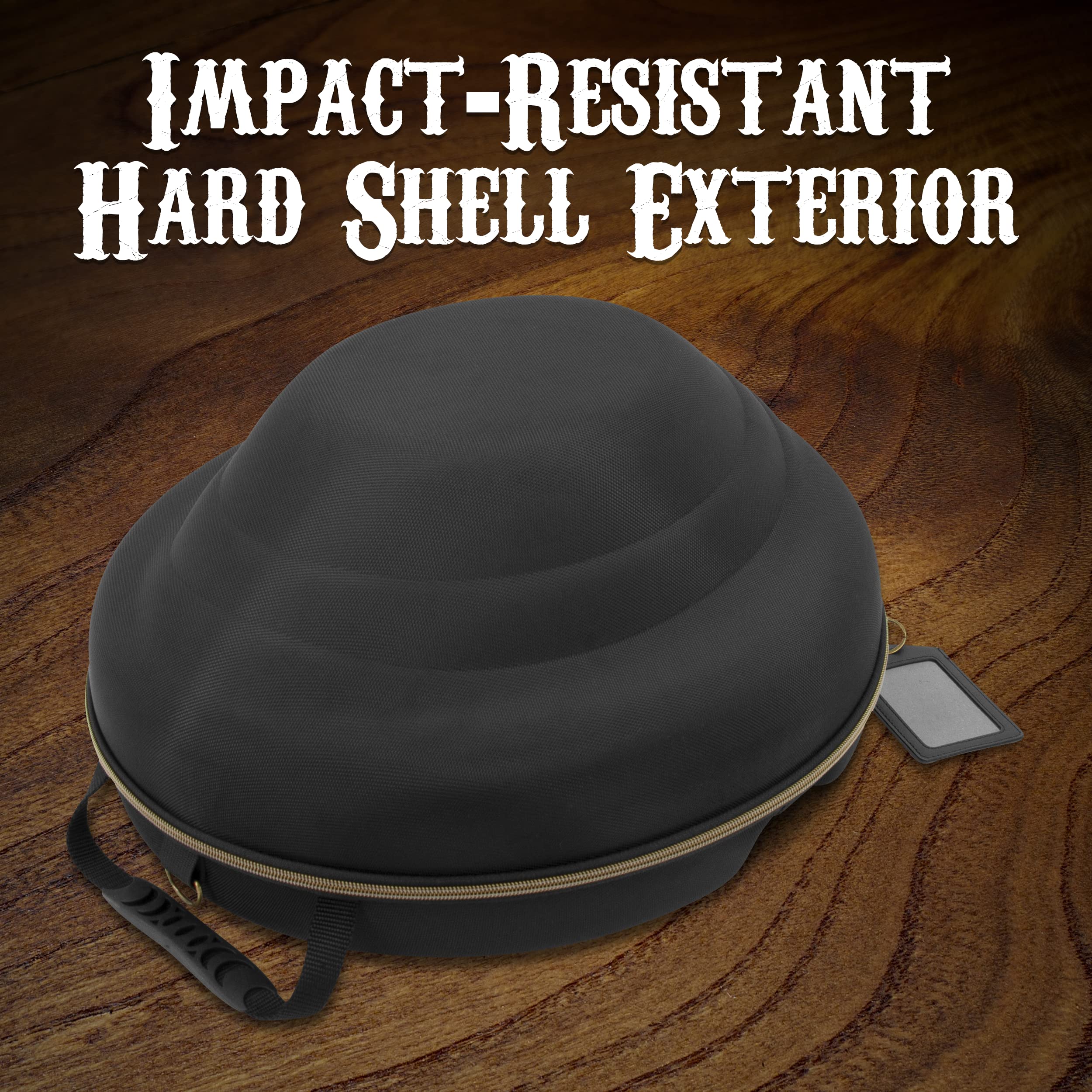CASEMATIX Cowboy Hat Box and Portable Cowboy Hat Storage for Brims Up To 4.75" - Hard Shell Cowboy Hat Case with Carry Strap, ID Slot and Foam Insert for Dipping Brims
