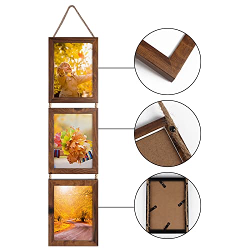 Lavezee 5x7 Collage Triple Picture Frames Set, Walnut Brown 6 Opening Hanging Vertical Frame Made to Display 5 by 7 Inch Photo Print for Wall Decor