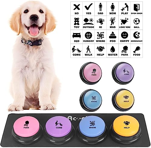 Dog Buttons for Communication, 4 Dog Talking Button Set, Speaking Buttons for Cats and Dogs, 30s Voice Recordable Pet Training Buzzer with Waterproof Dog Activity Mat and 24 Scene Stickers