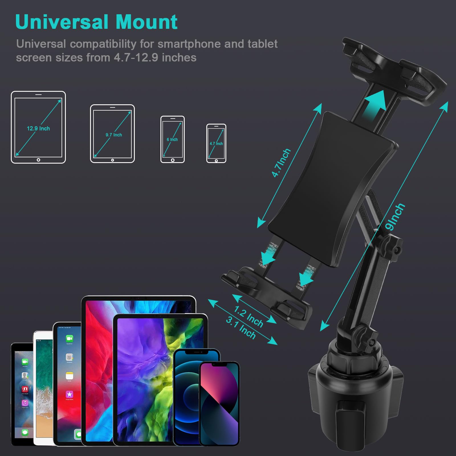 Cup Holder Car Tablet Mount, Universal 360° Rotation Adjustable Long Arm Holder Stand for iPad Pro 12.9/11/10.5/9.7/Air/Mini 6/5/4, Samsung Galaxy Tab/Z Fold 6/5, Amazon Fire HD, 4.7-12.9" Tab & Phone