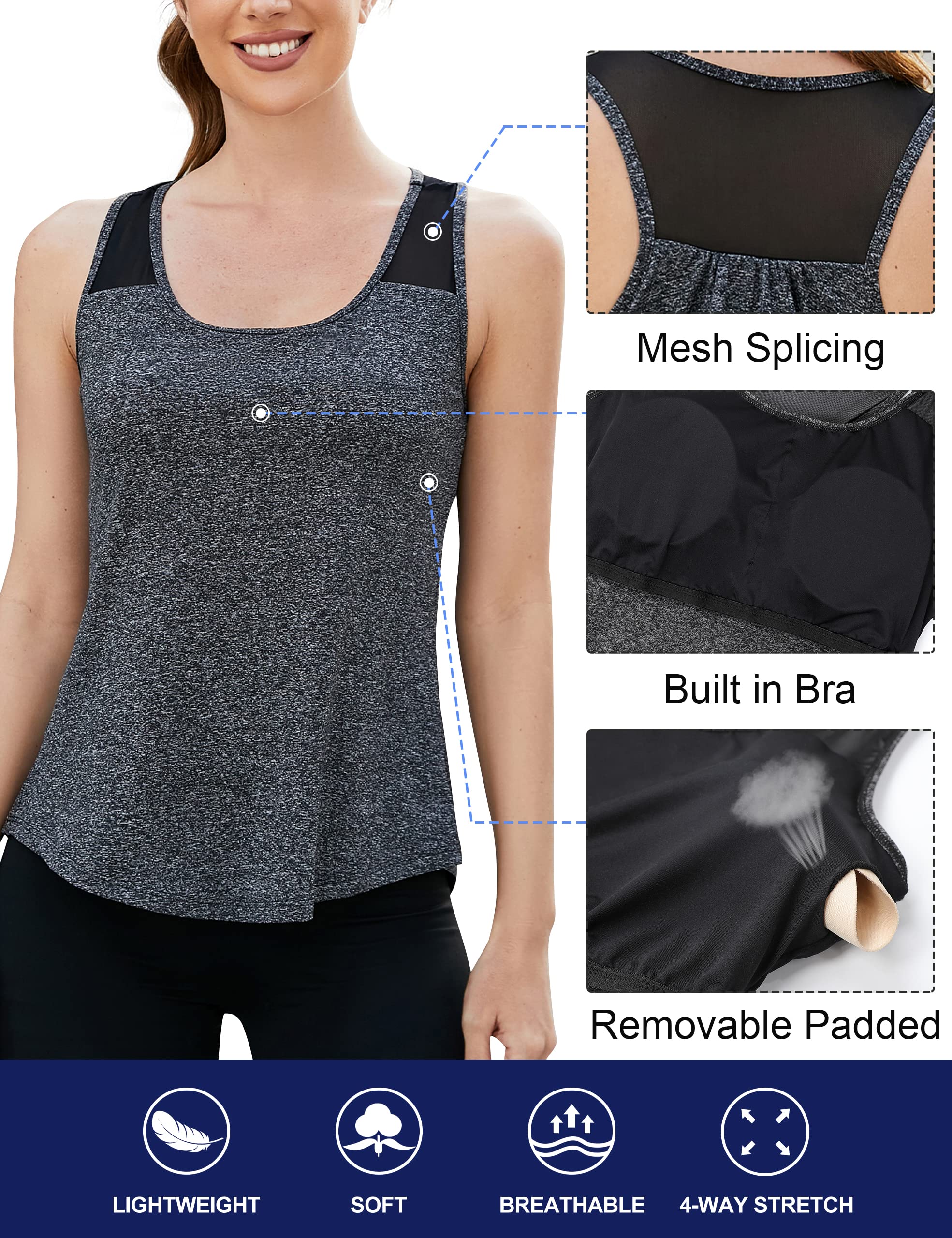 Blooming Jelly Womens Mesh Workout Tank Tops Bulit in Bra Running Shirts Walking Yoga Tops (Large, Dark Grey)