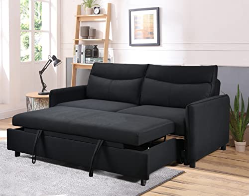 ERYE 3-in-1 Tufted Futon Loveseat Convertible Sleeper Bed W/Pull Out Sleep Daybed, Functional Reclining Backrest Love Seat Sofa & Couch for Living Room Sofabed, Queen, Black W/ 2 Pillows