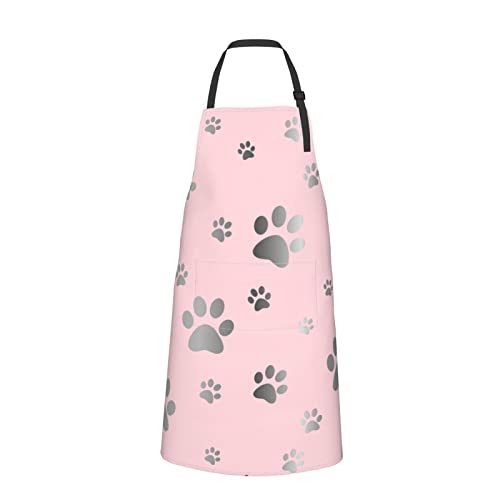 Perinsto Cute Dog Paws Pink Waterproof Apron With 2 Pockets Kitchen Chef Aprons Bibs For Cooking Baking Painting Gardening Grooming