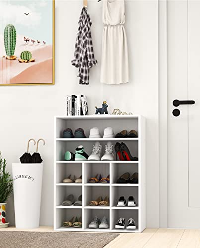 HAIOOU Shoe Cubby, 9-Cube Stackable Wood Shoe Rack Organizer 5-Tier Freestanding Wooden Shoe Stand with 2 Storage Shelf for 10-15 Pairs, Ideal for Apartment, Entryway, Closet Organization - White