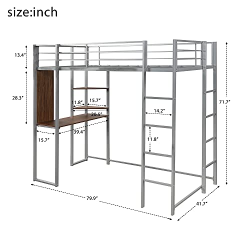 Merax Metal Loft Bed wit Desk and Shelves/Metal Slat Support/Space-Saving Twin, Silver