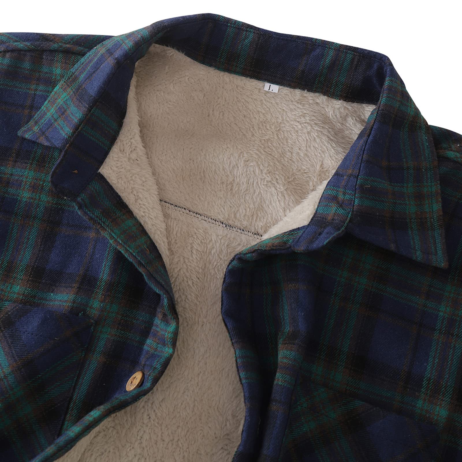 Burband Mens Long Sleeve Sherpa Fleece Flannel Shirts Button Down Berber Lined Shackets Warm Camp Shirts Plaid Jackets, Green, X-Large