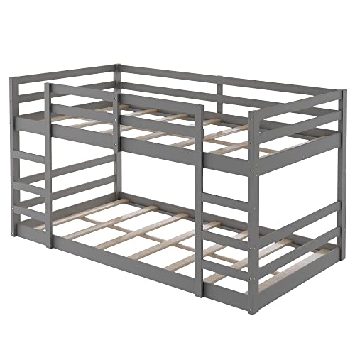 MERITLINE Wood Bunk Bed Twin Over Twin Bunk Beds for Boys and Girls, Simple Floor Twin Bunk Bed Frame with 2 Slats Sets and 2 Ladders, No Bunkie Board Needed