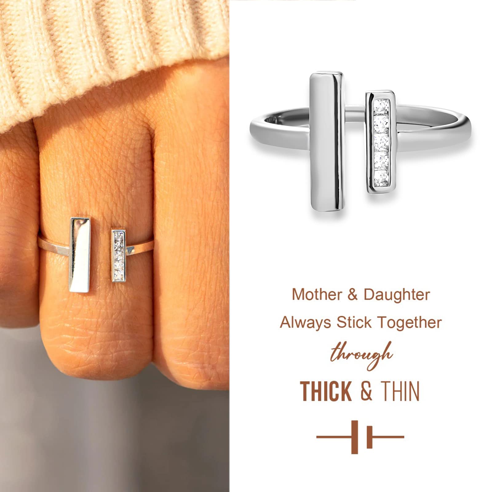 beemean Thick and Thin Ring Mother Daughter Ring Through Thick and Thin Ring Adjustable Double T Ring Cubic Zirconia Rings for Mother Daughter (silver)