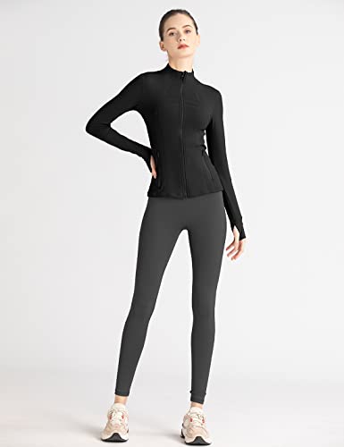 Gacaky Women's Slim Fit Workout Running Track Jackets Full Zip-up Yoga Athletic Jacket with Thumb Holes Black X-Small