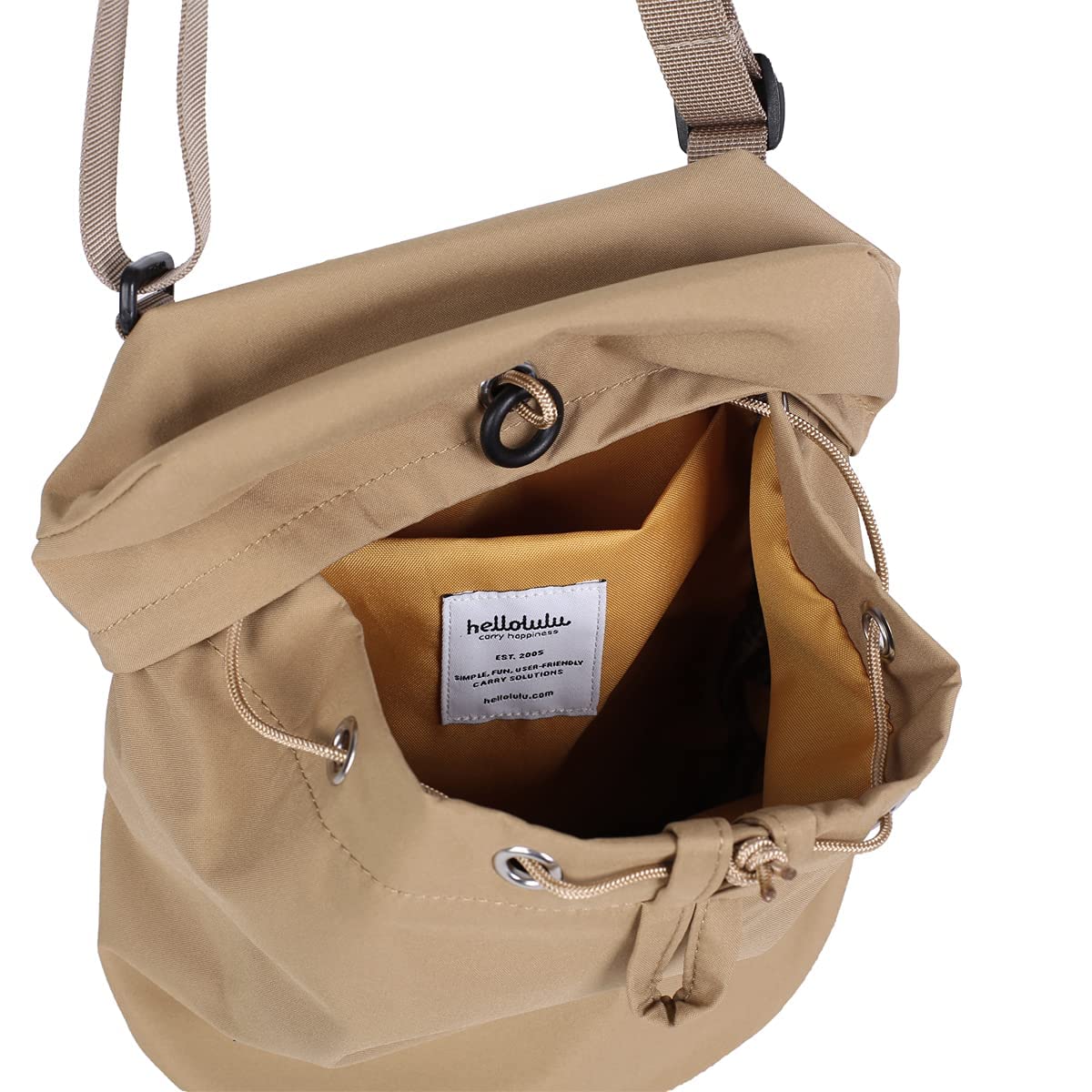 Hellolulu ARMIE Drawstring Sling Crossbody Bag, Water Resistant Lightweight Crossbody Shoulder Bag Phone Bag, For Daily Use Men Women, Brown Beige