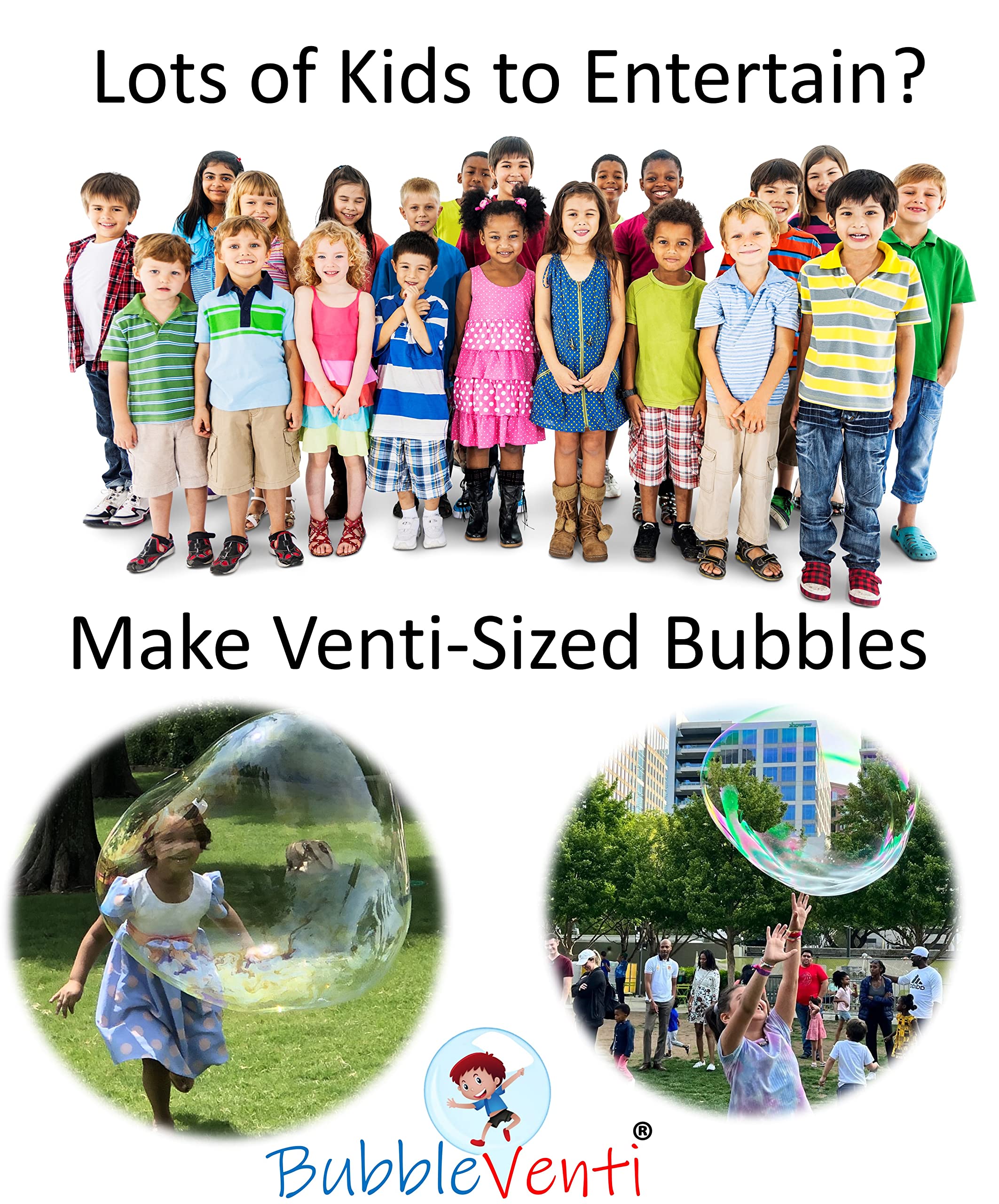 Bubbleventi Giant Bubble Kit | Made in USA | Includes 2 Wooden Wands, a Tips and Tricks Booklet, and 1 Bubble Mix - Makes 4 Gallons of Big Bubble Solution |Use atBirthdays andFamily Fun