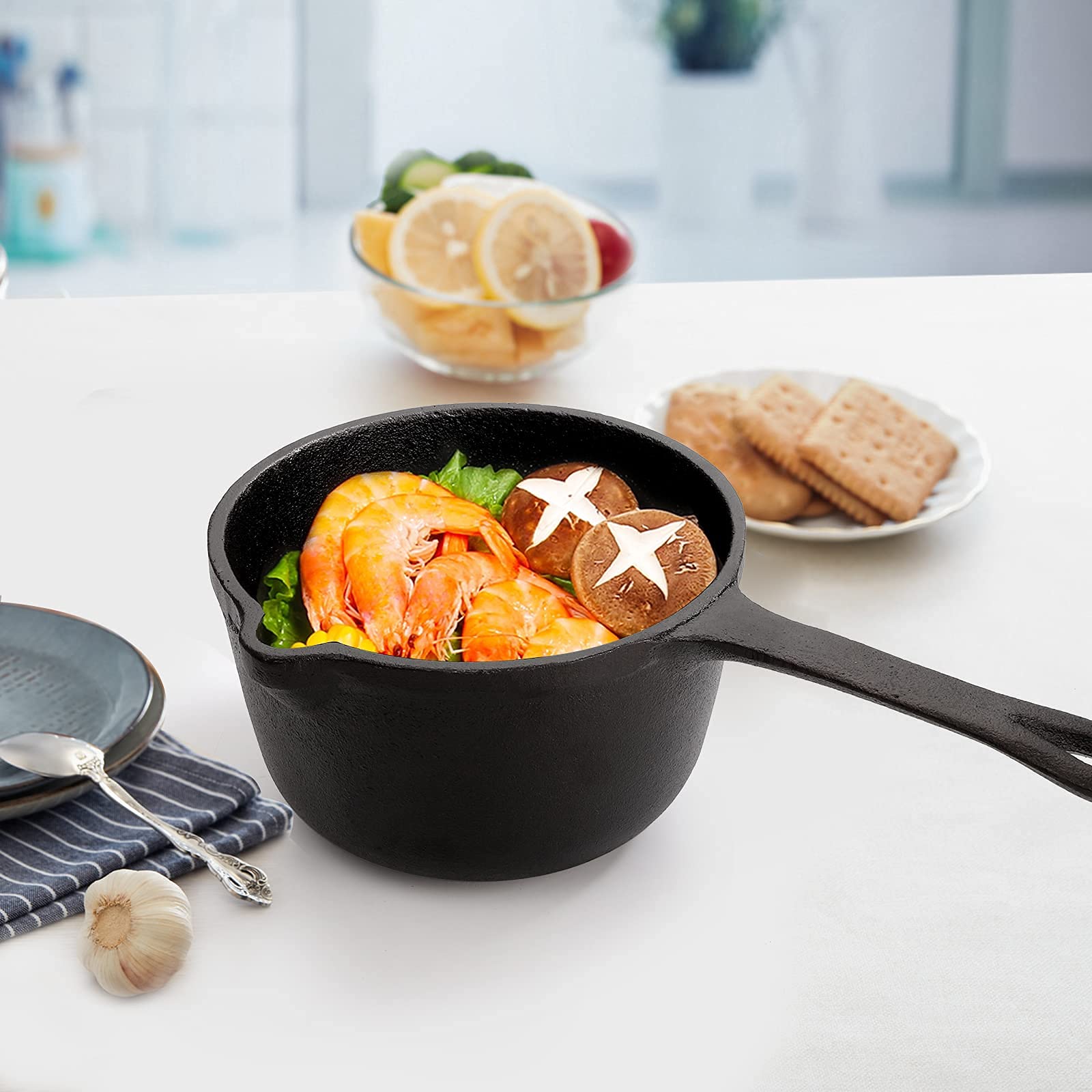 Cedilis 1 Quart Cast Iron Basting Pot with Handle, Heavy Duty Construction Sauce Pot for Grilling and Oven, Black