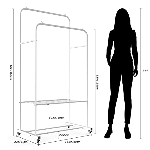 Metal Clothes Hanging Rolling Garment Rack with 2 Tier Shelves and Double Rod, Multi-Purpose Double Rail Standing Closet Storage Organizer, Upgrade Heavy Duty Rolling Pipe Coat Hanger for Boxes Shoes