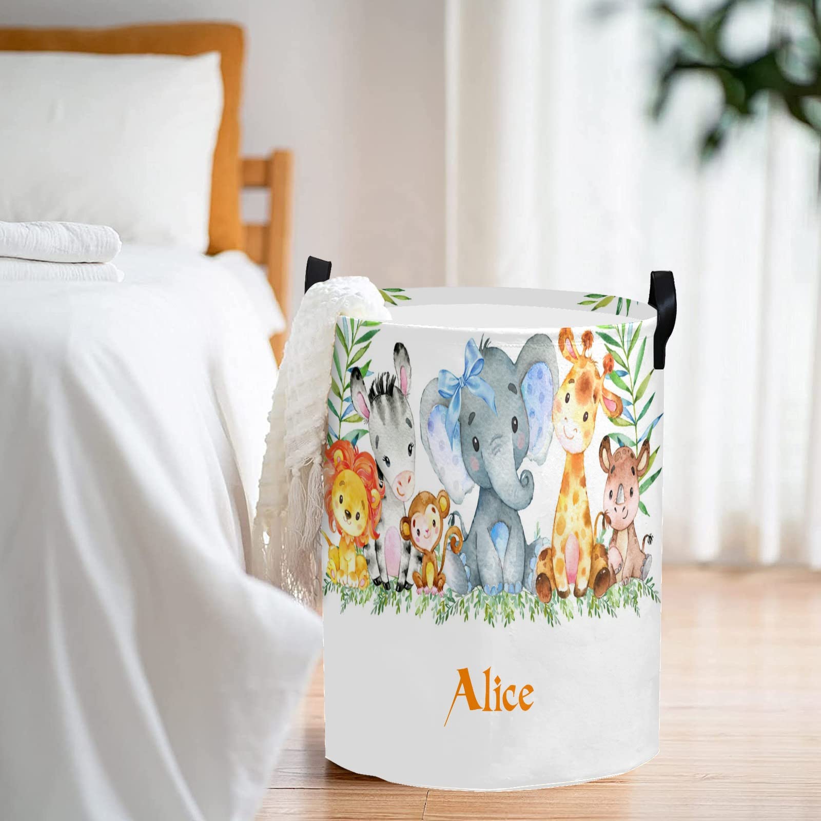 Customized Laundry Basket Name Organizer Bin Laundry Hamper with Handle Clothes Hamper for Nursery Clothes Toys Decor(Giraffe Monkey Elephant Animal)