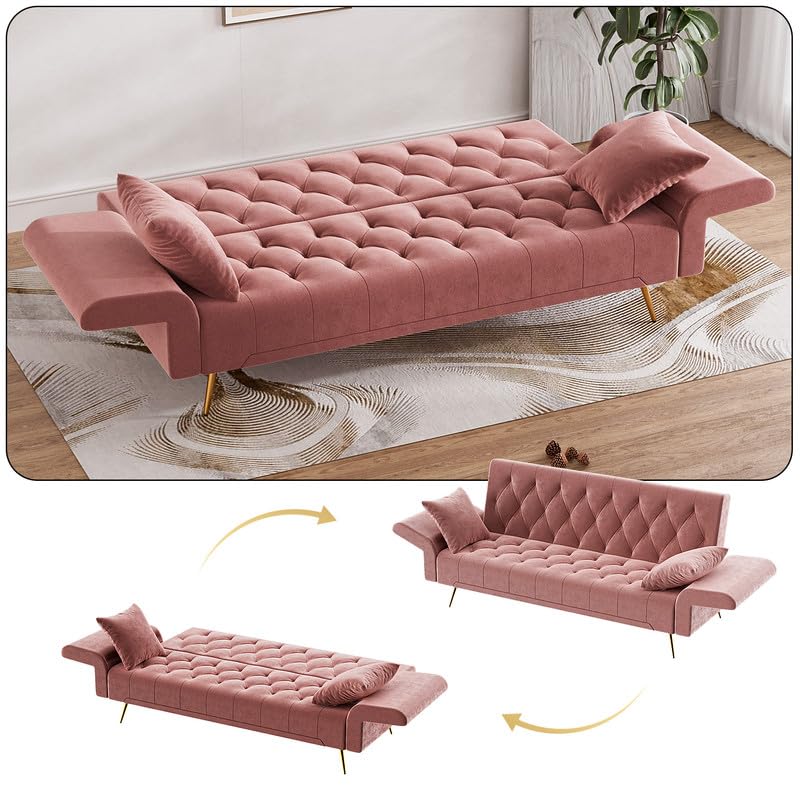 DAMAIFROM 71" Velvet Couch, Futon Sofa Bed, Sleeper Sofa with Adjustable Back, Loveseat,Mid Century Modern Couches with Folding Armrests for Living Room, Bedroom,Small Spaces (Rose Pink)