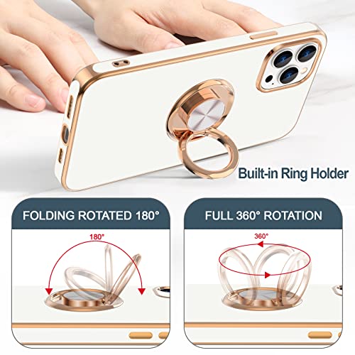 Hython Case for iPhone 14 Pro Case with Ring Stand [360° Rotatable Ring Holder Magnetic Kickstand] [Support Car Mount] Plated Gold Edge Slim Soft TPU Luxury Protective Phone Case Cover, White
