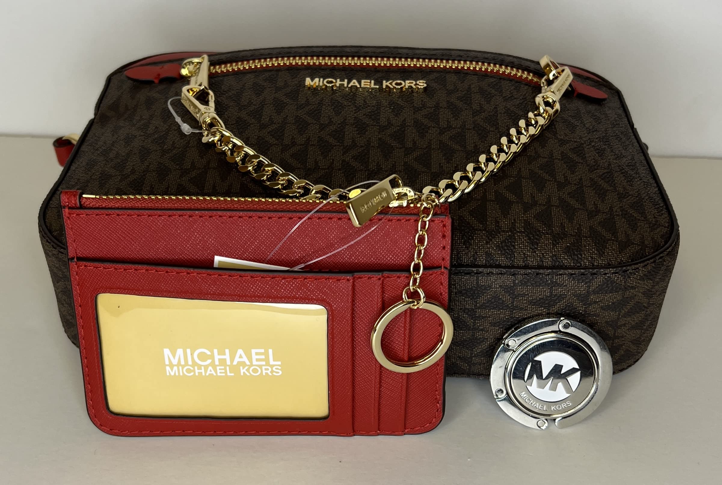 Michael Kors Jet Set Large Chain Crossbody Bag bundled with with SM TZ Coinpouch Wallet and Purse Hook (Signature MK Brown/Flame)