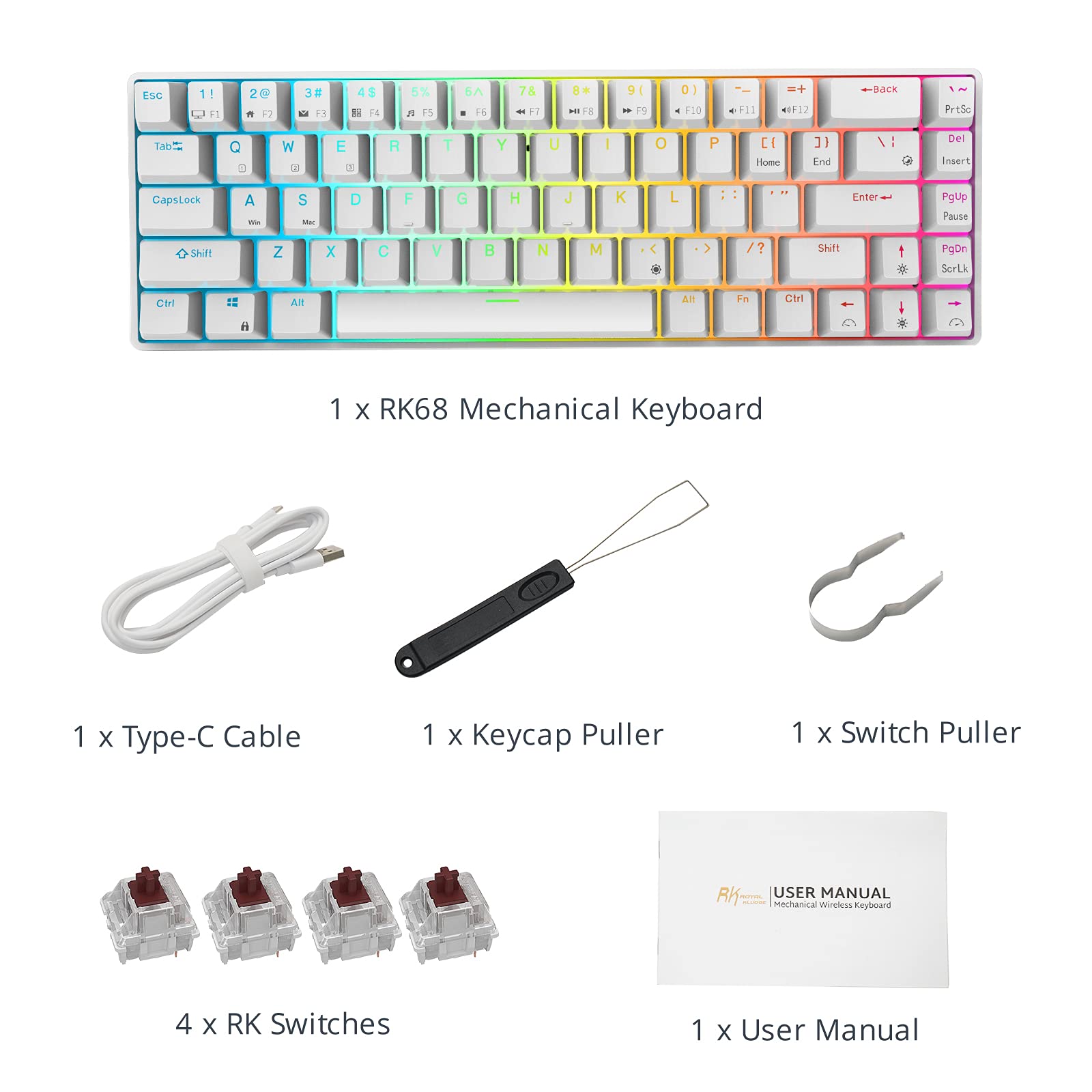 RK ROYAL KLUDGE RK68 (RK855) Bluetooth Wireless/Wired 65% Mechanical Keyboard, 68 Keys RGB Hot Swappable Blue Switch Gaming Keyboard with Software for Win/Mac