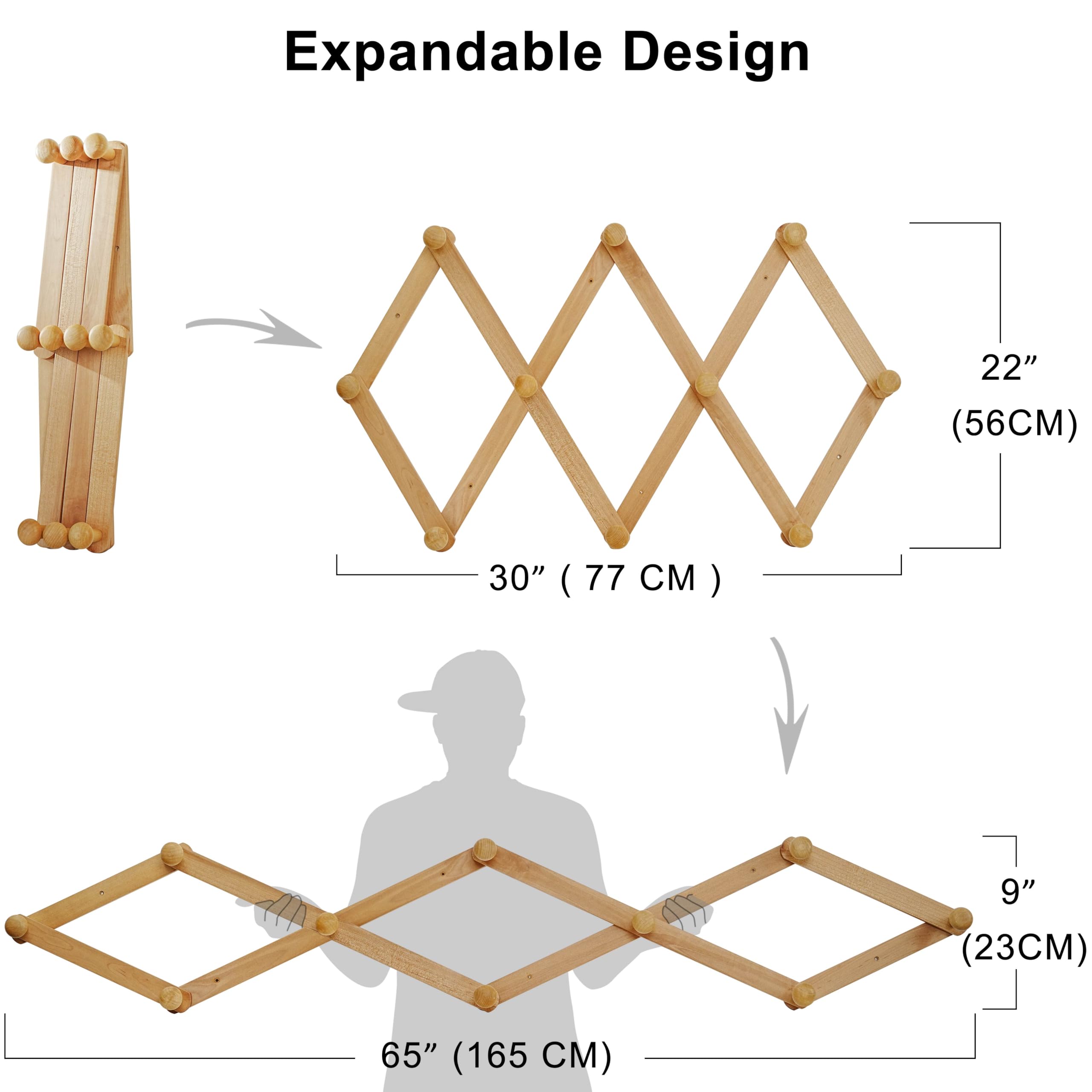Dseap Expandable Coat Rack (Larger Version) - 24β High, Anti-Slip, Ultra Heavy Duty Wooden Accordian Wall Hanger with 10 Study Peg Hooks for Clothing Hats Jackets Bags, White