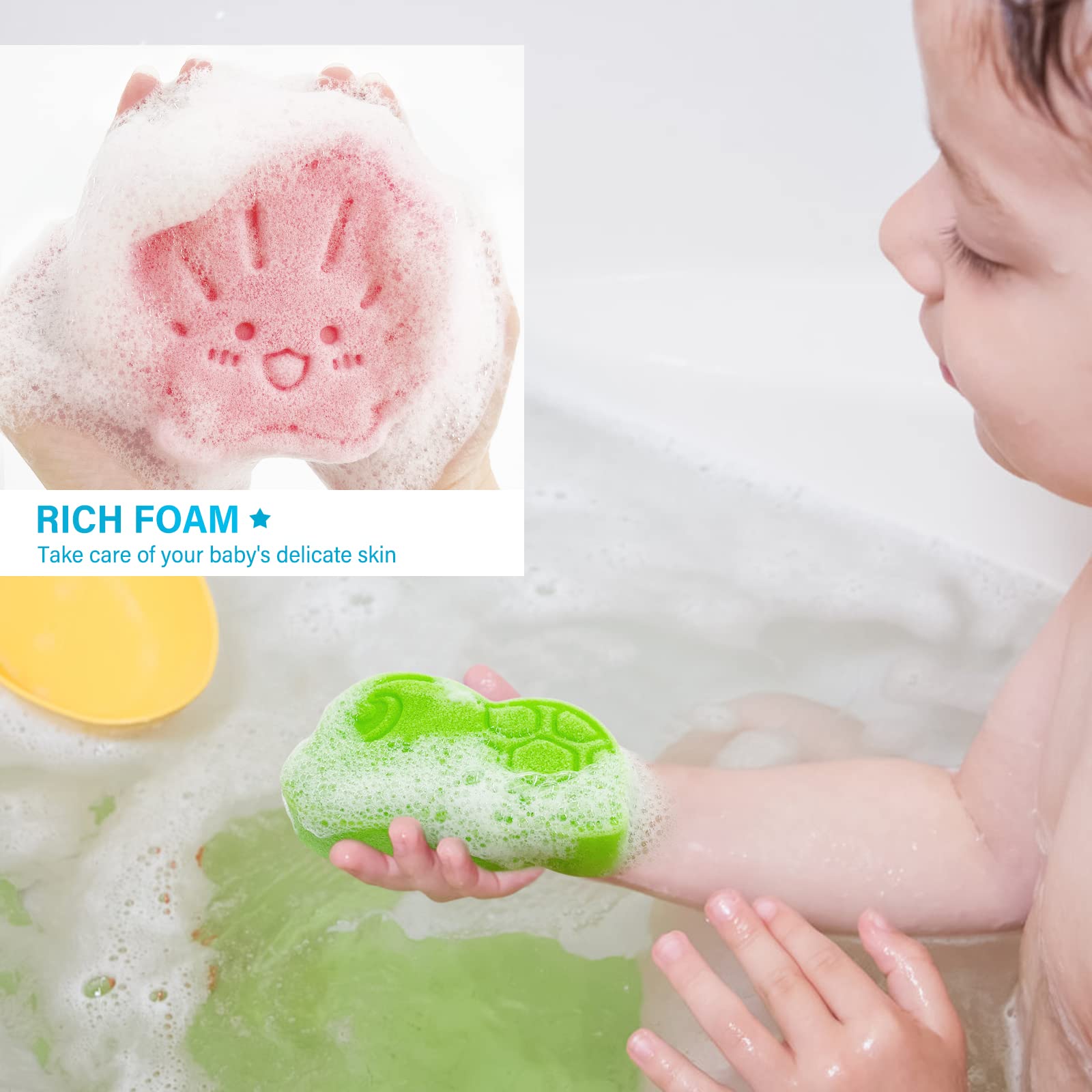 DANCELF Baby Bath Sponge, Natural Cute Shapes Soft Shower Sponges for Bathing, Bathtub Foam for Infants and Toddler, 3pcs : Blue Dolphin, Pink Shell, Green Turtle