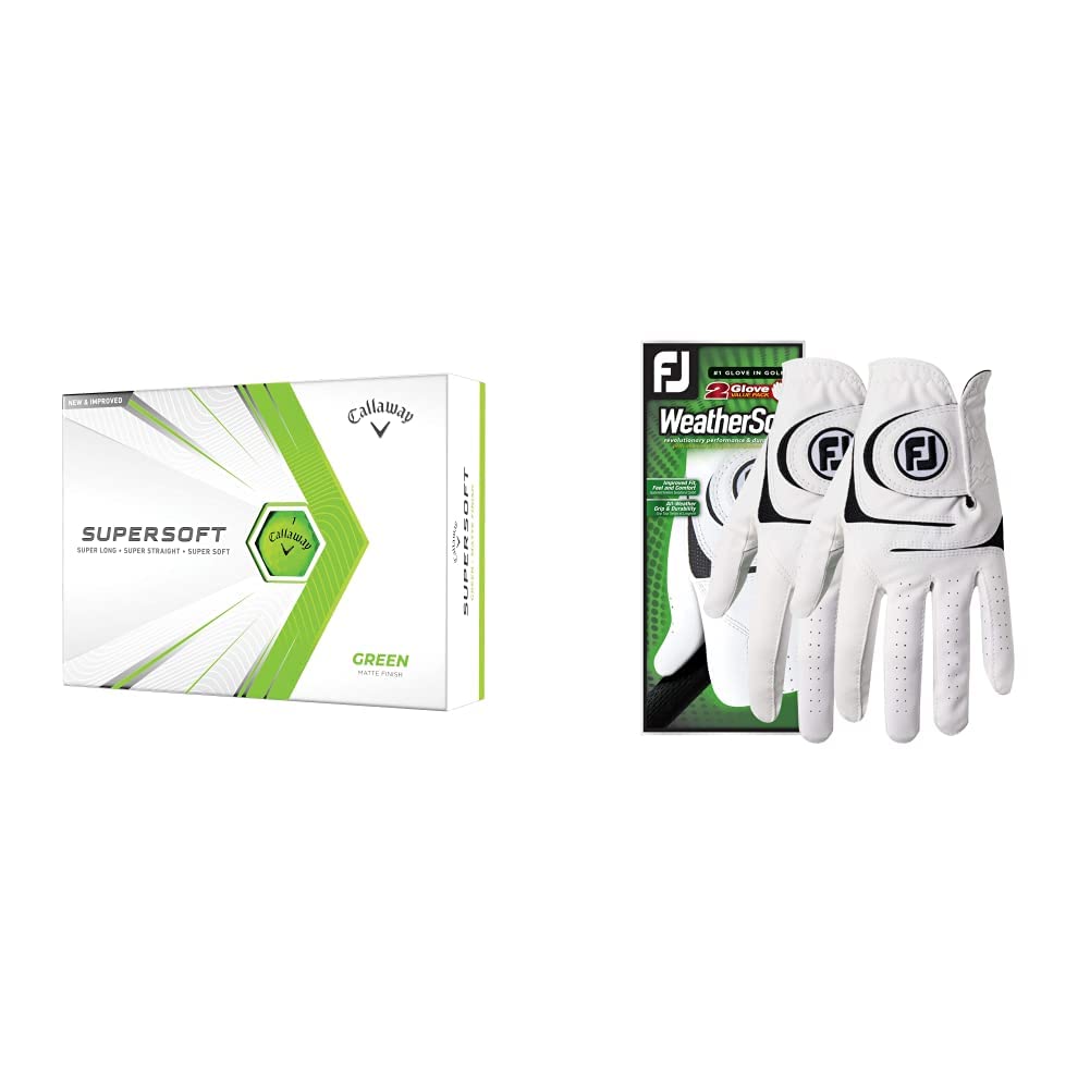 Callaway 2021 Supersoft Golf Balls, Green & FootJoy Men's WeatherSof 2-Pack Golf Glove White Large, Worn on Left Hand