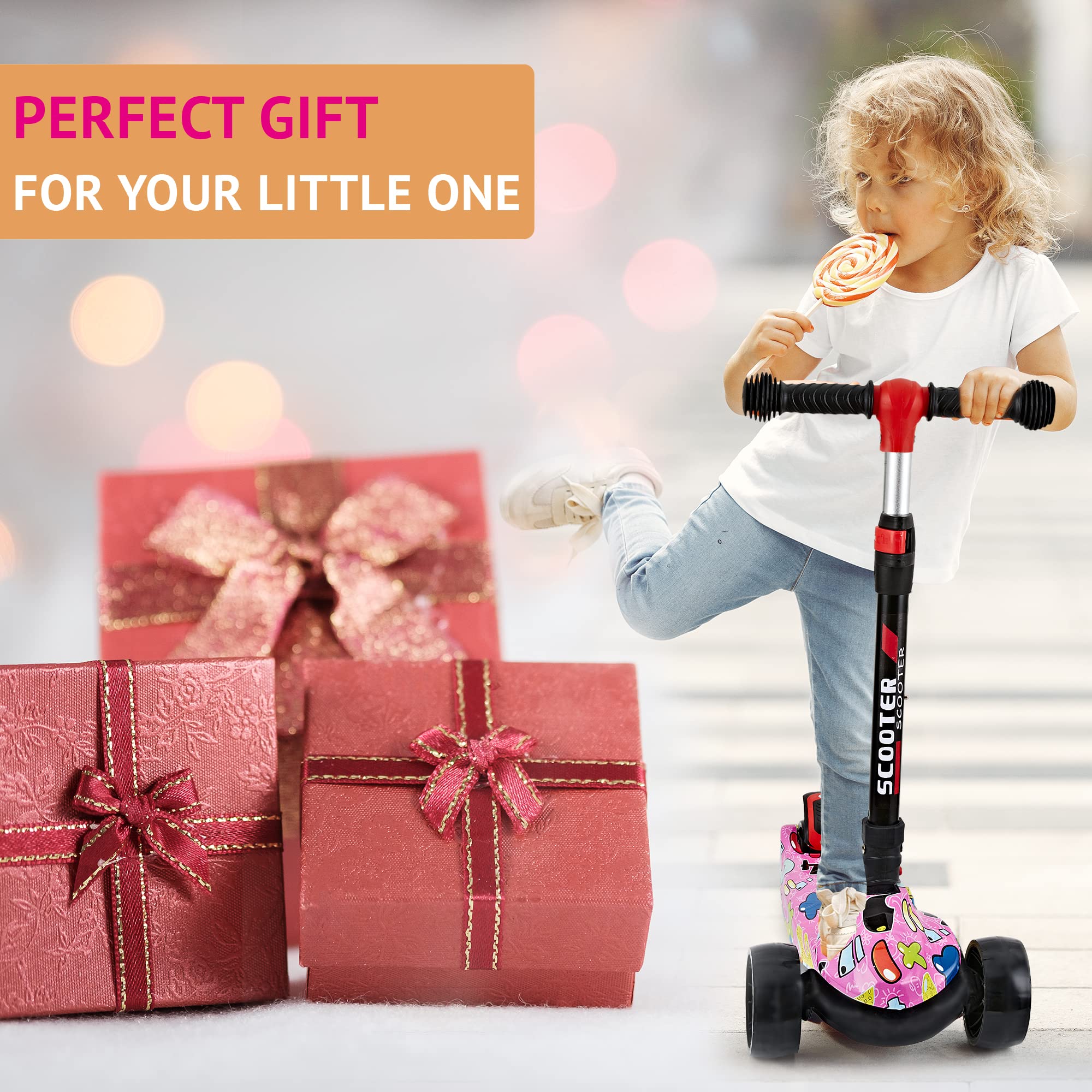 Scooter for Kids Ages 3-12, Foldable & Height Adjustable Kids Scooter with Graffiti Bodywork, Non-Slip Deck and Extra Wide PU Light-up Wheels (200 Lbs Weight Capacity)