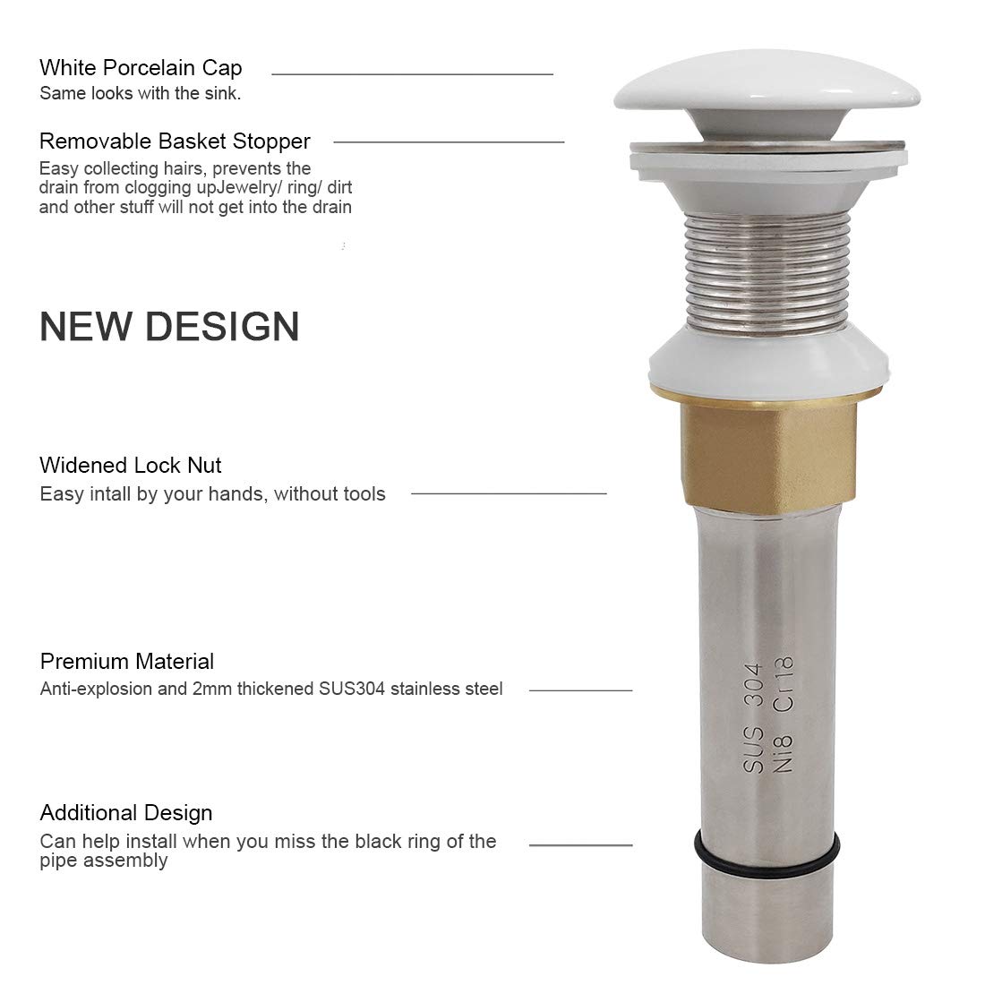 GZILA Vessel Sink Drain Without Overflow, White Pop-Up Drain with Basket Stopper, Bathroom Vanity Ceramic Brass Strainer Hair Catcher, Anti-Clogging Brushed Nickel, Porcelain Cap