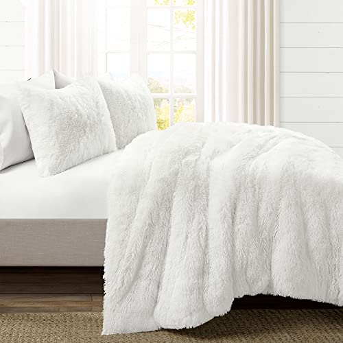 Lush Decor Emma Soft Fluffy Faux Fur Oversized Duvet Cover Set, Full/Queen, White - Warm Plush 3 Piece Bedding Set