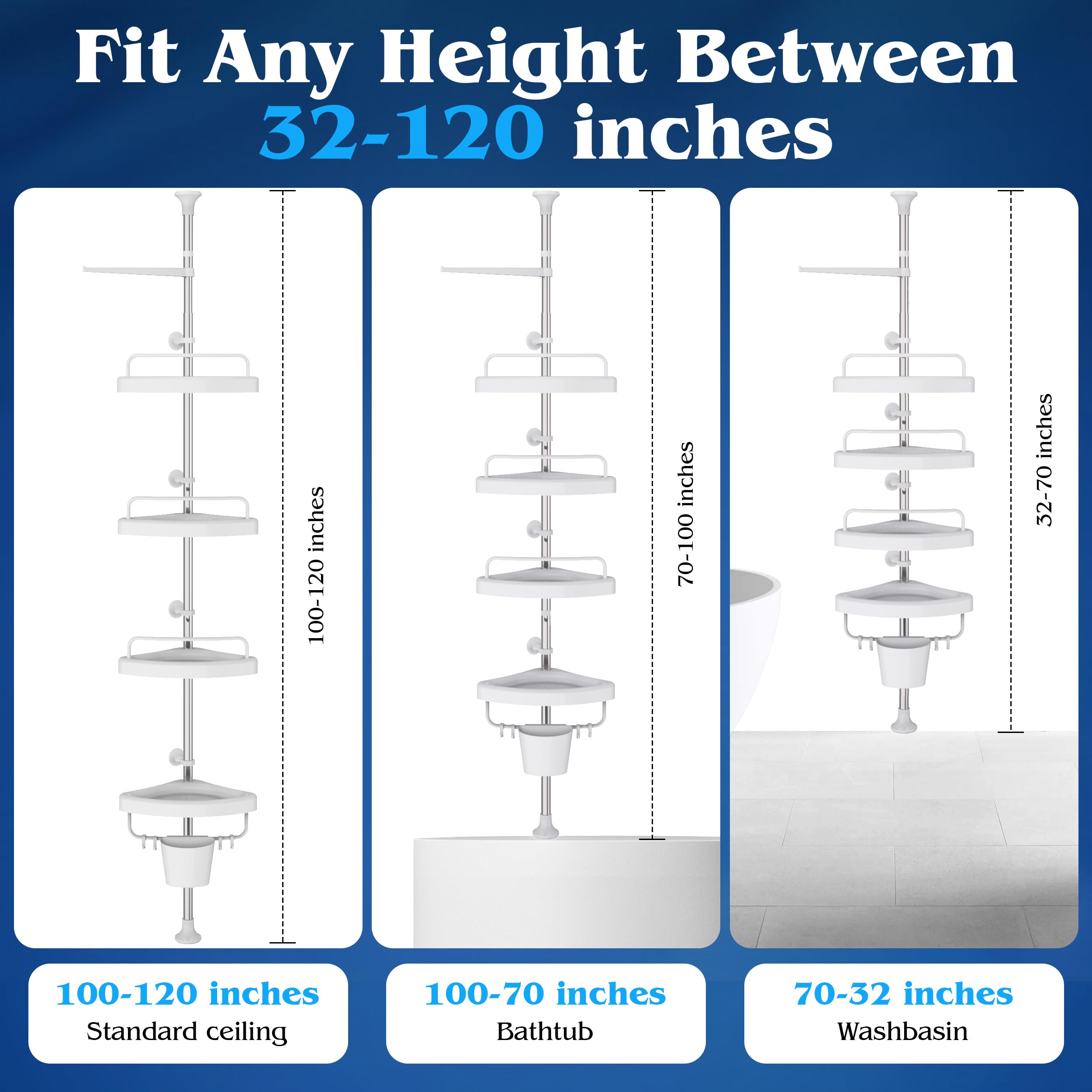 EliteCart Rust Proof Shower Caddy Corner Tension Pole β Adjustable Height (32-120 inch), 4 Tier Shelf Bathtub Organizers and Storage β Includes Towel Rack, Tooth Brush Holder and Suction Cups (White)