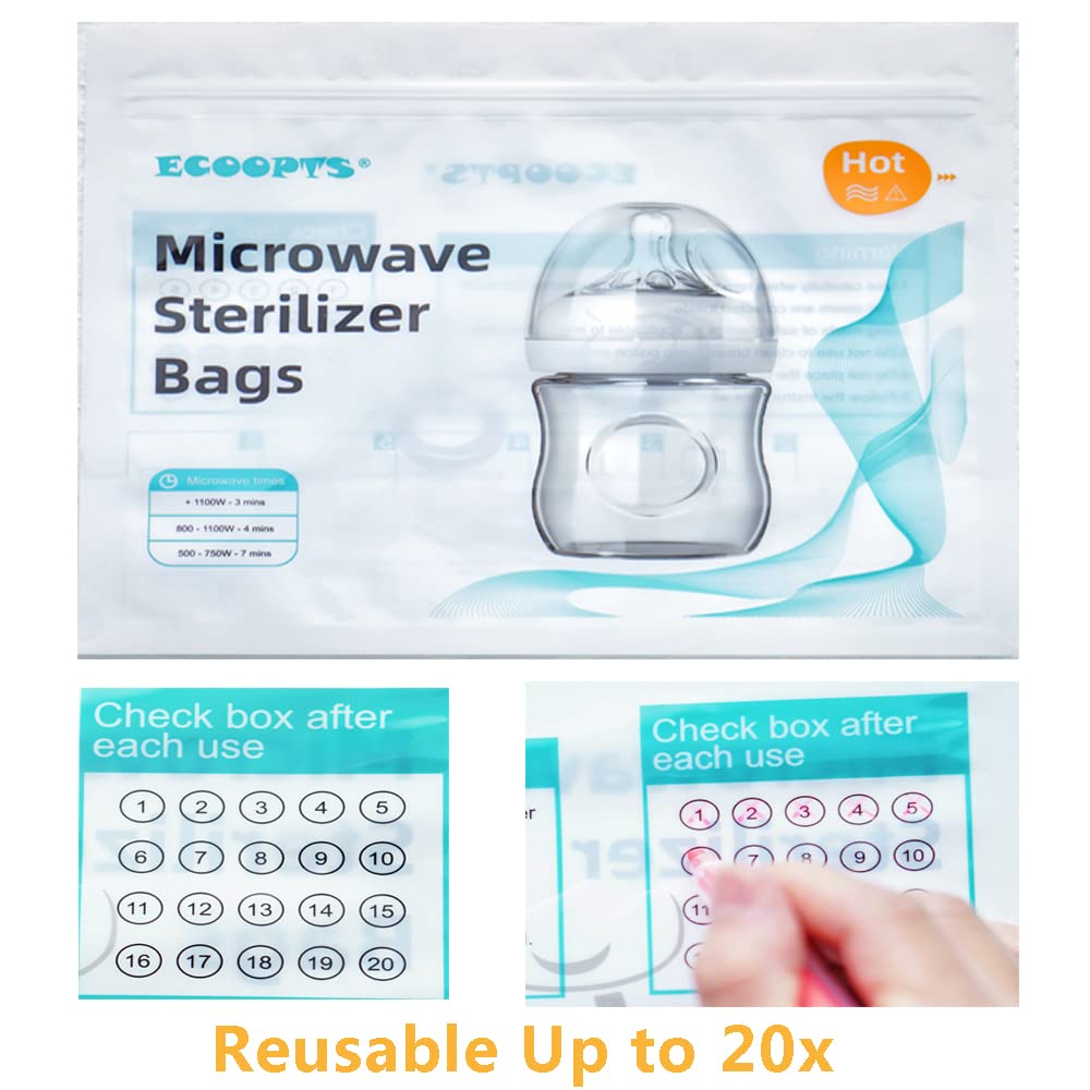 ECOOPTS 12 Count Microwave Steam Sterilizer Bags Reusable Micro-Steam Bags for Baby Bottles and Breast Pump Sterilizer Parts Microwave Steam Bags