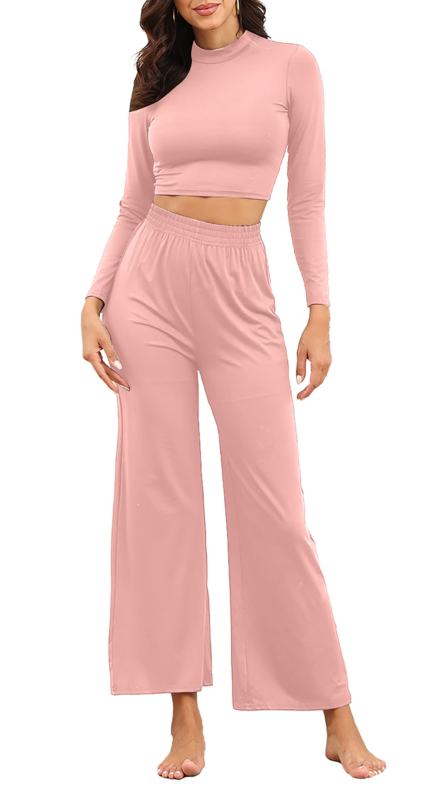 Casual Loose Crop Top High Waist Long Pants for Women 2 Piece Solid Loose Fit Gym Outfits Pink M